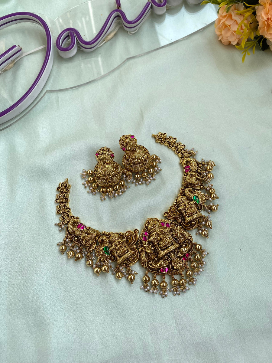 Antique Bridal Lakshmi Short and Long Necklace with Jhumkas (Available – Daivik.in