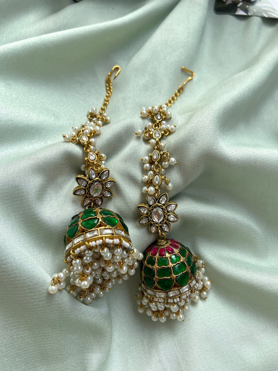 Pure kemp Jadau Jhumkas with Pearl Mattal – Daivik.in
