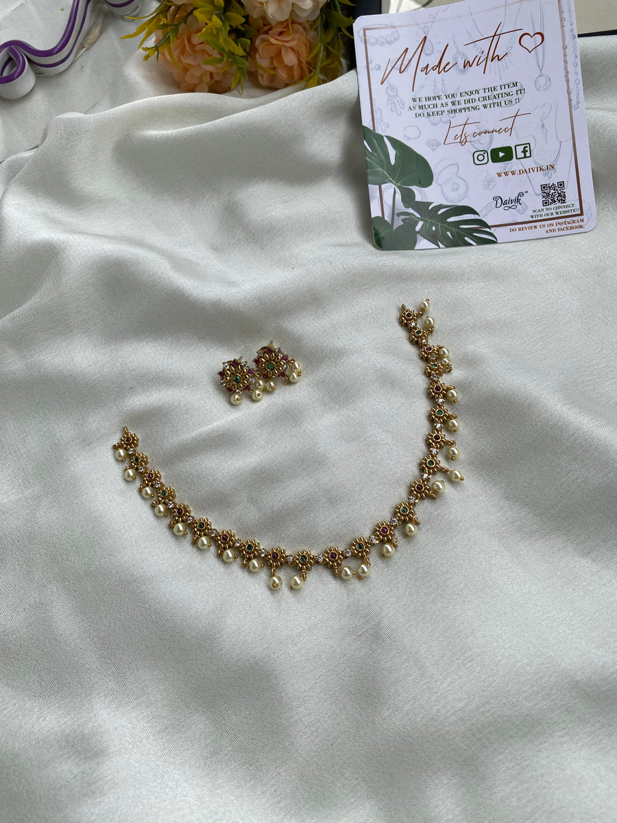 Simple Flower Pearl Necklace with Earrings – Daivik.in