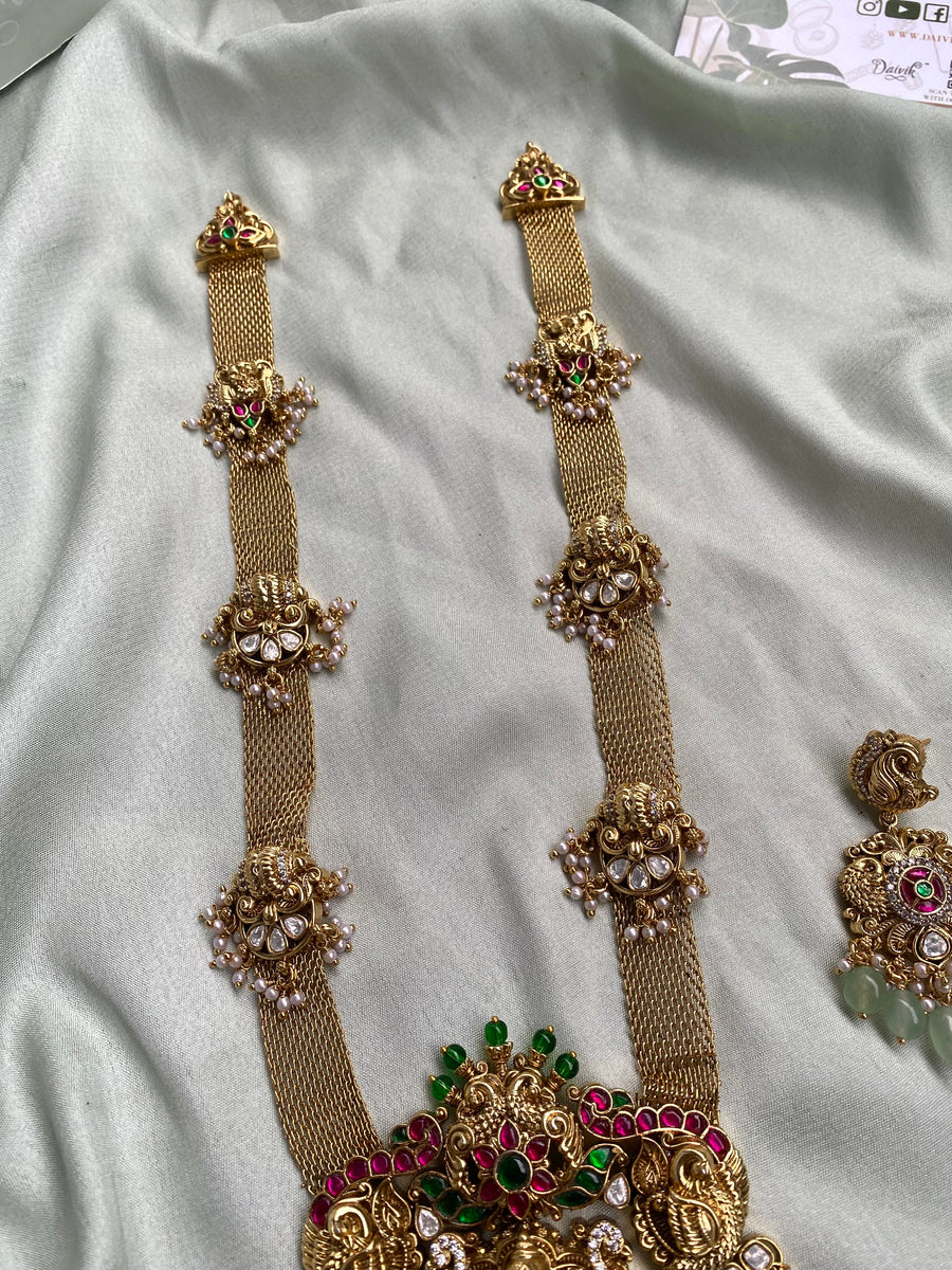 Silver Replica Lakshmi Mesh Long Haram with Earrings – Daivik.in