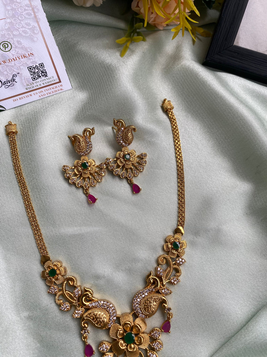Gold Finish Peacock Ruby Green Necklace – Daivik.in