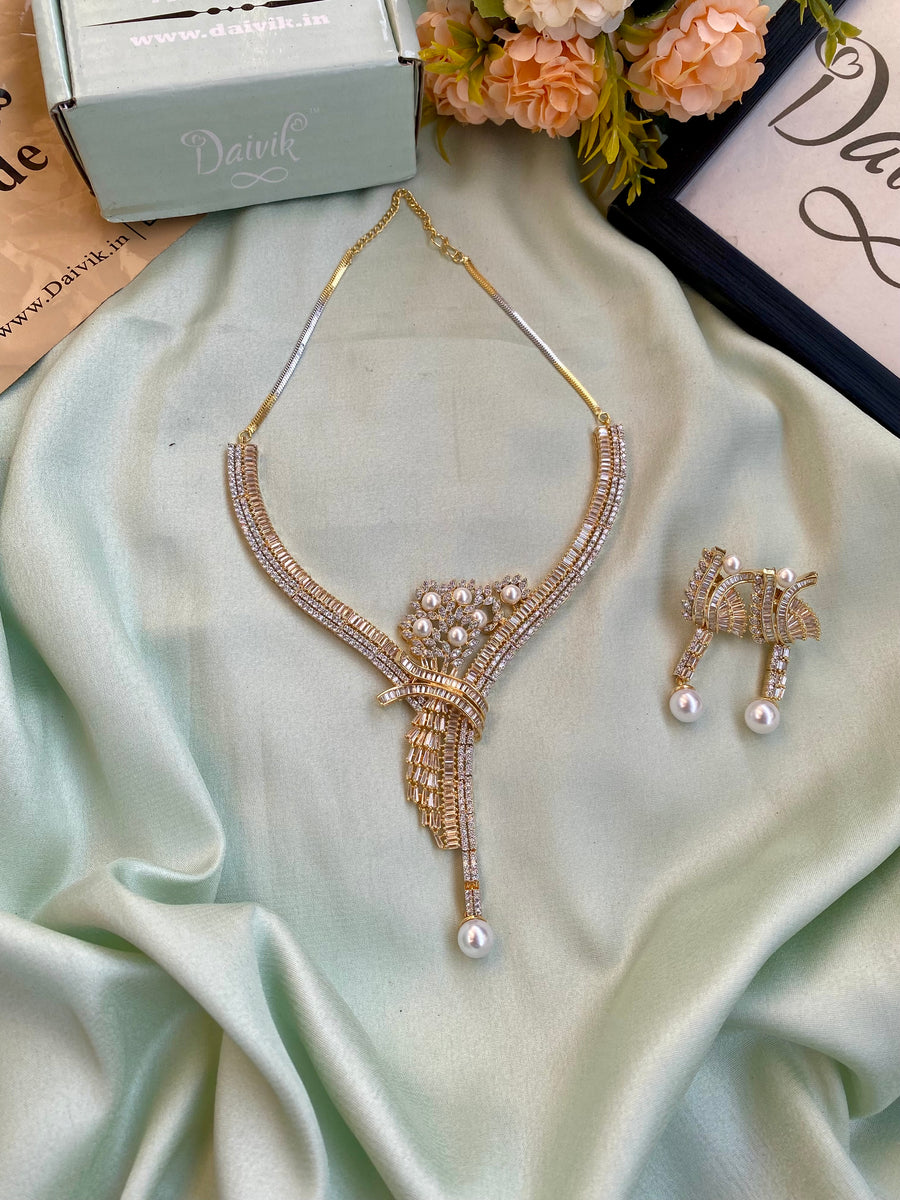 Designer Gold Diamond look Alike Pearl Necklace with Earrings – Daivik.in