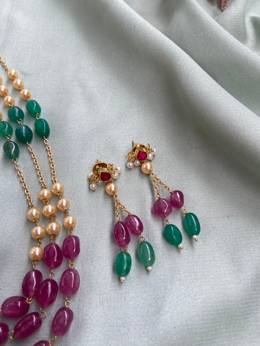 Three Line Multi Color Pearl Mala with Earrings – Daivik.in
