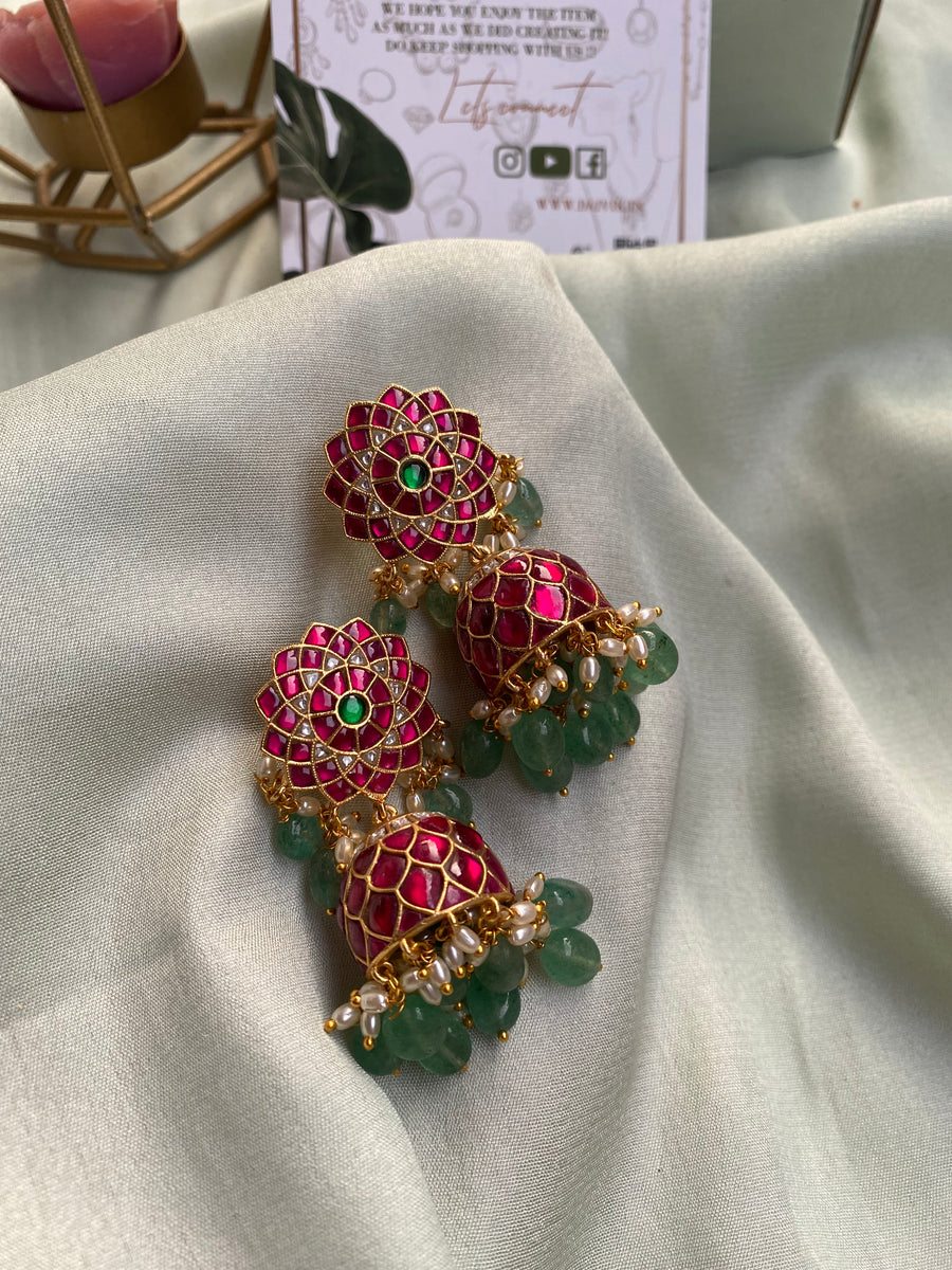 Pure kemp Jadau Flower Jhumkas – Daivik.in