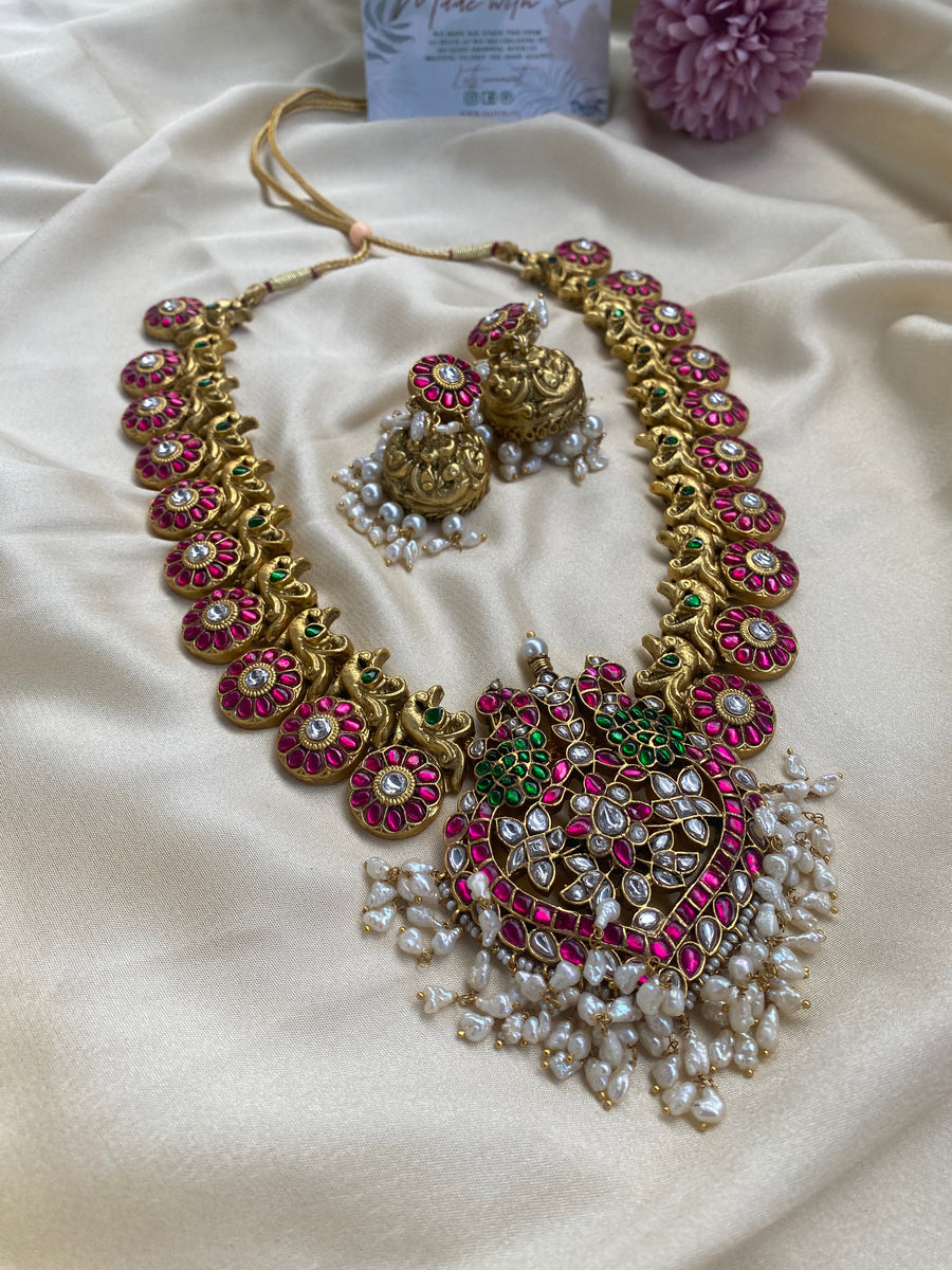 Premium Gold Plated Rice pearl Jadau Brass Haram with Earrings – Daivik.in