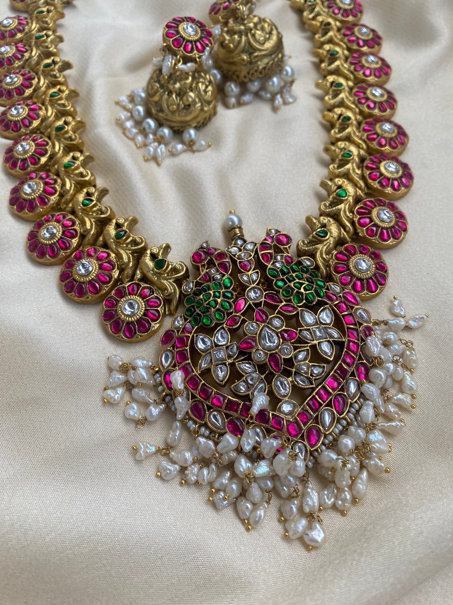 Premium Gold Plated Rice pearl Jadau Brass Haram with Earrings – Daivik.in