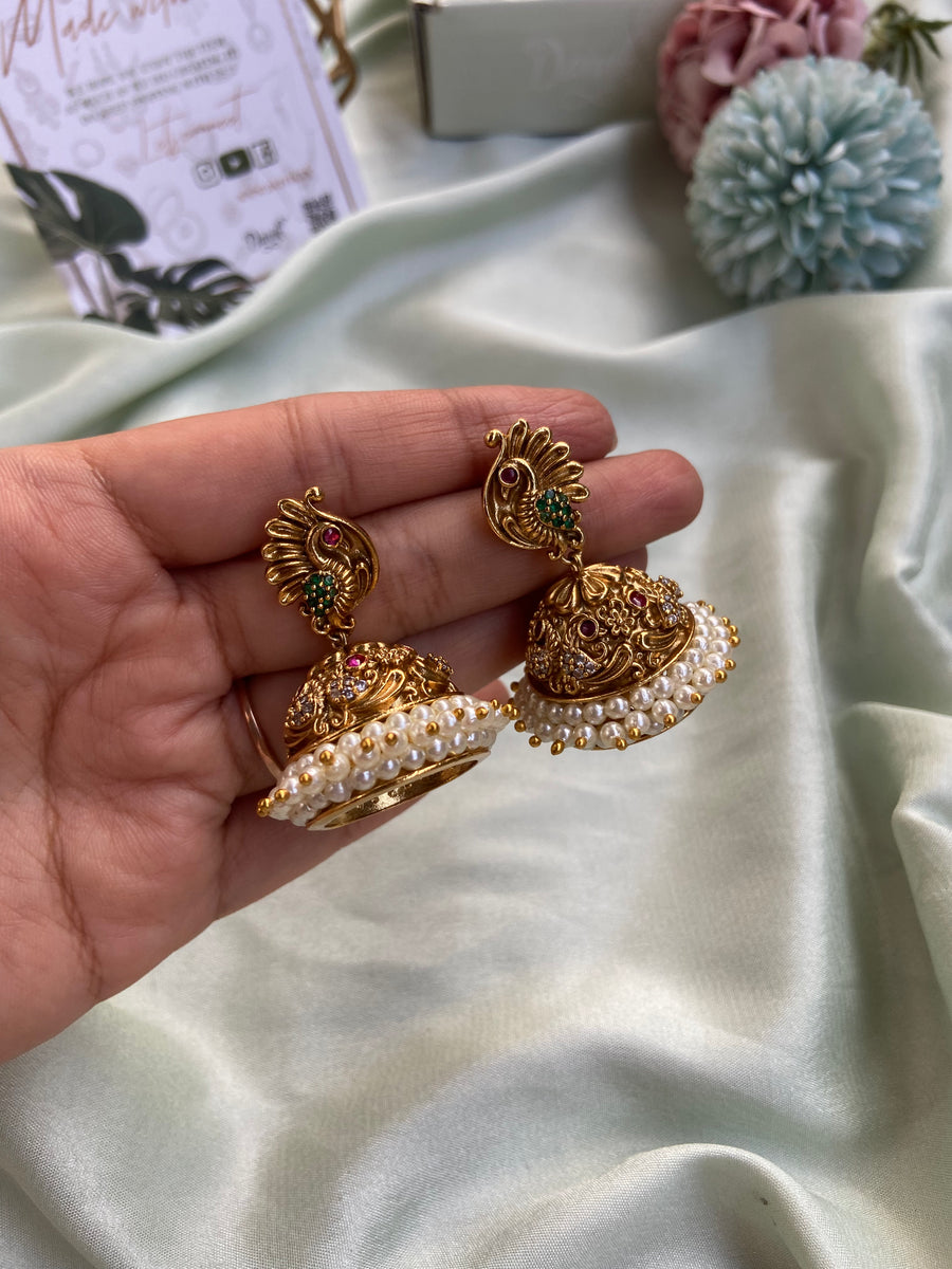 Peacock White Pearl Jhumkas – Daivik.in