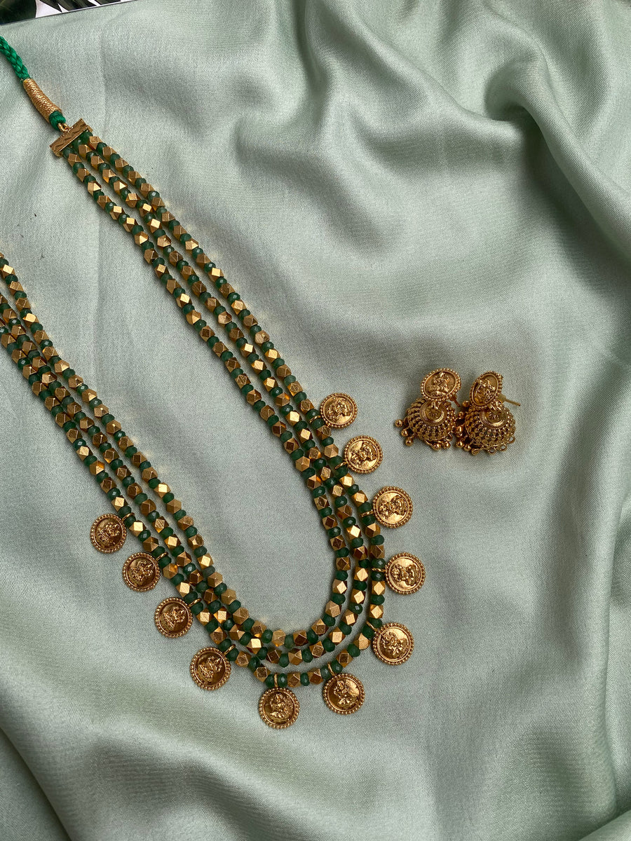 Green and Golden Beads Lakshmi Coin Mala with Jhumkas – Daivik.in