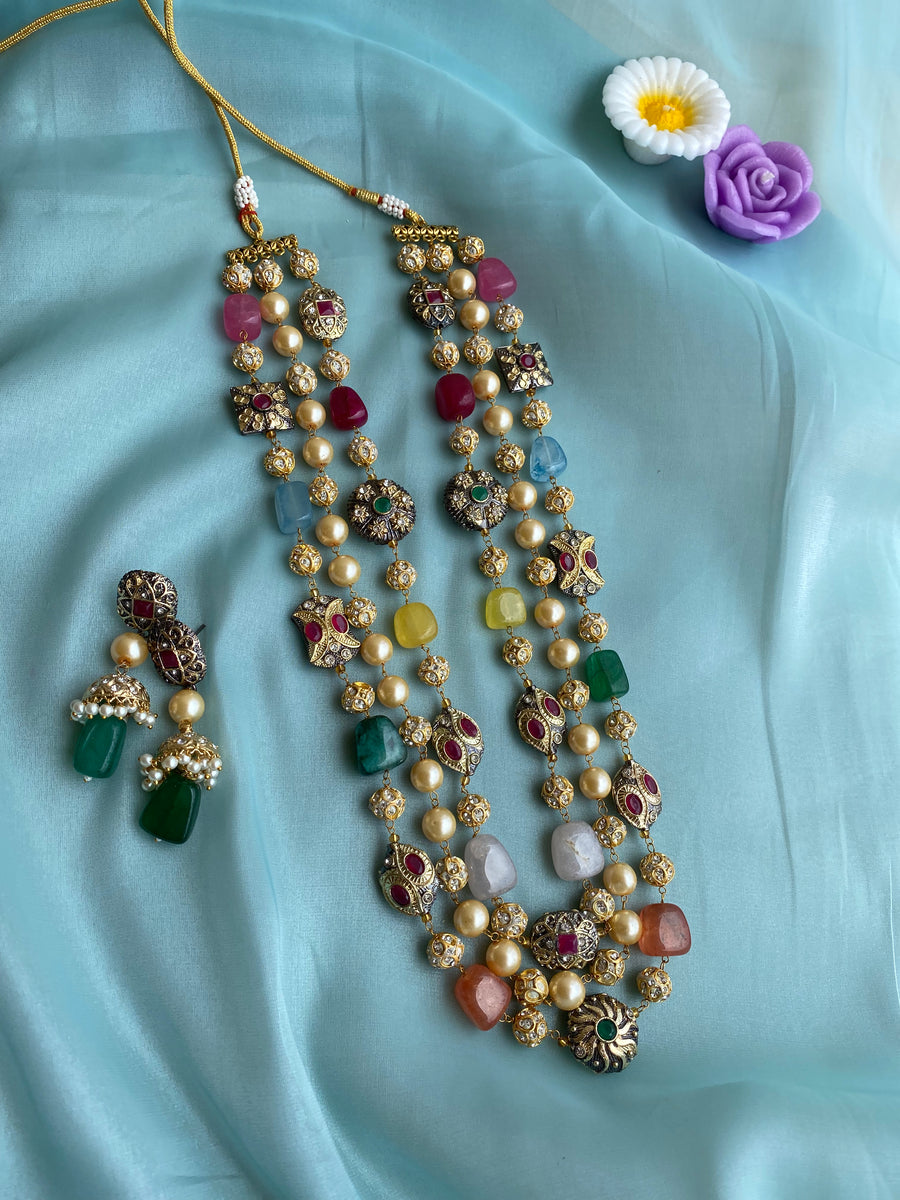3 Line Multicolour Mala with earrings – Daivik.in